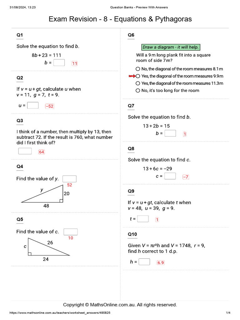 Exam Revision - 8 - Equations & Pythagoras - Answers | PDF
