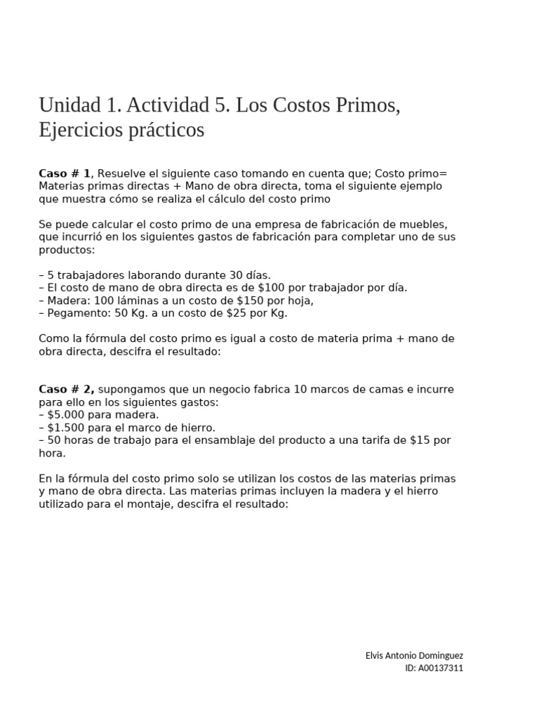 Unidad 1. Actividad 5. Cont de Costo 1 Los Costos Primos, Ejercicios Prácticos | PDF
