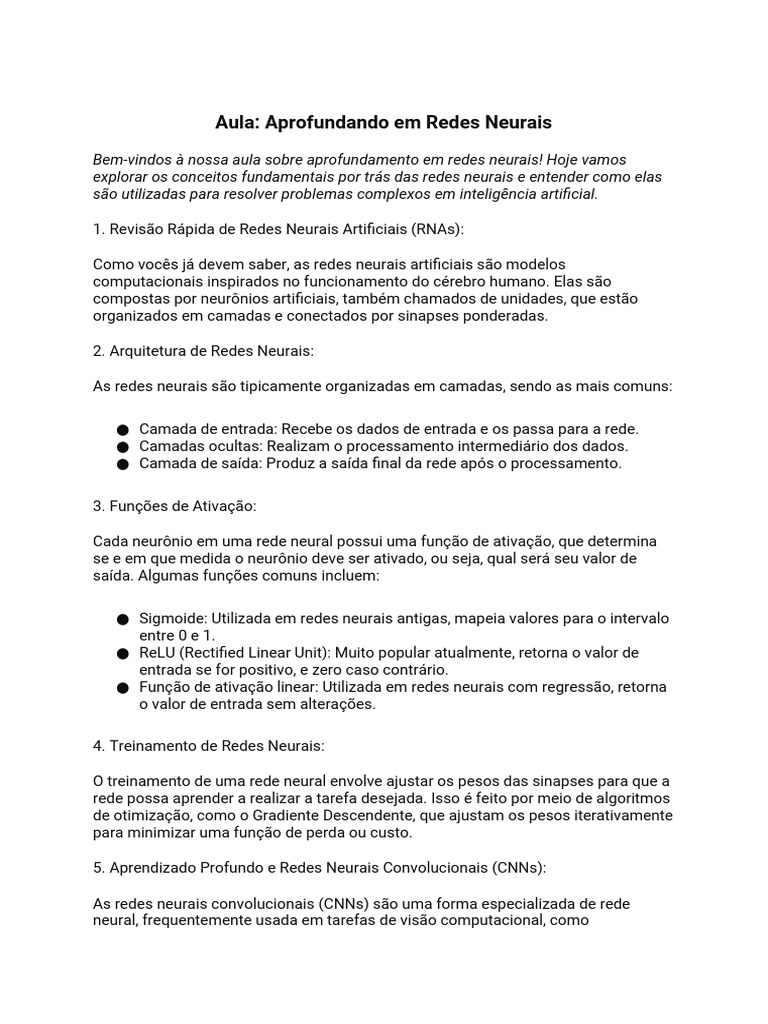 Aula Aprofundando em Redes Neurais | PDF