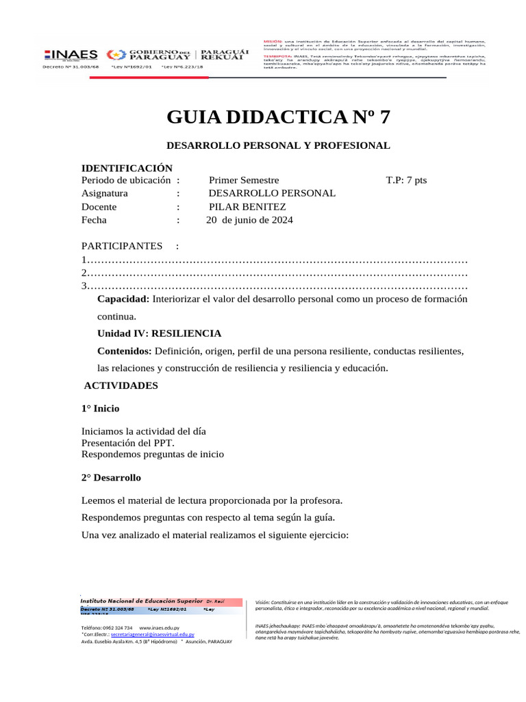 Dp. Resiliencia - Guia 7 Unidad III | PDF