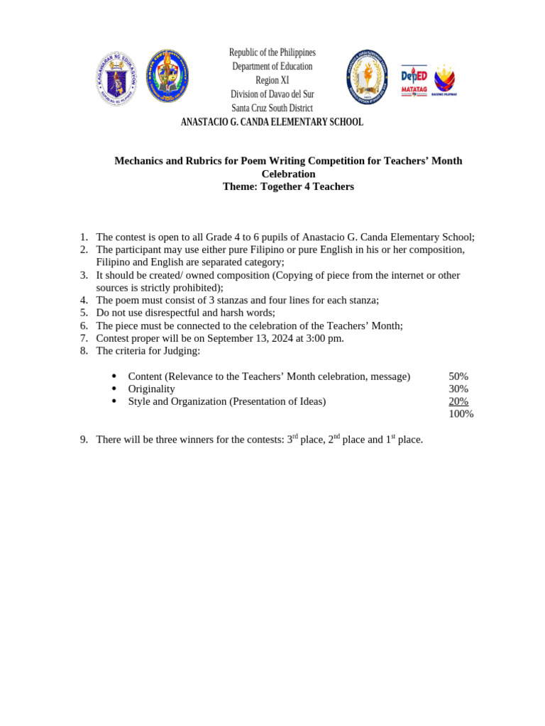 Mechanics and Rubrics For Poem Writing Competition | PDF