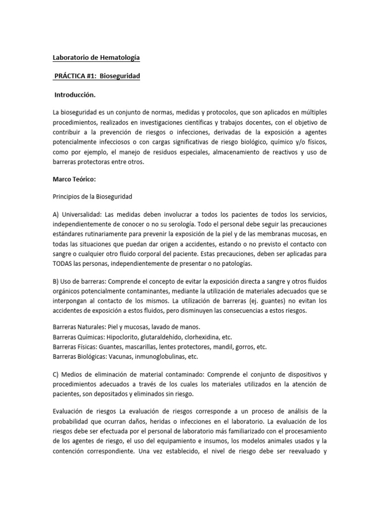 Prac1 Bioseguridad Hemato1 | PDF | Laboratorios | Infección