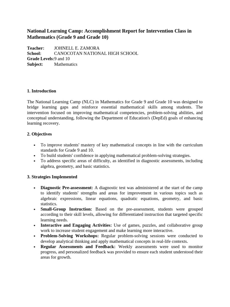 NLC Accomplishment Report | PDF | Mathematics | Learning