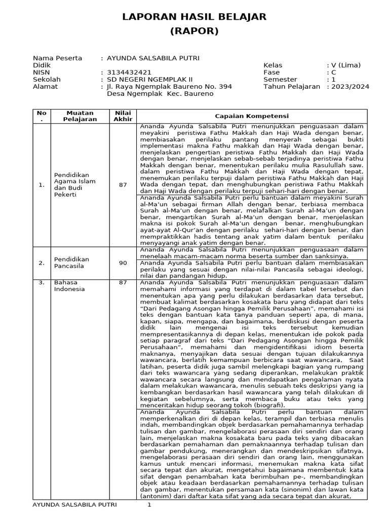Template Rapor Kumer Fase B & C Semester 1 | PDF