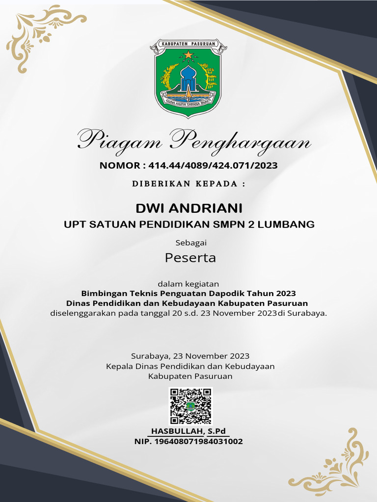 Piagam Dapodik 2023 Tnde Dwi Andriani | PDF