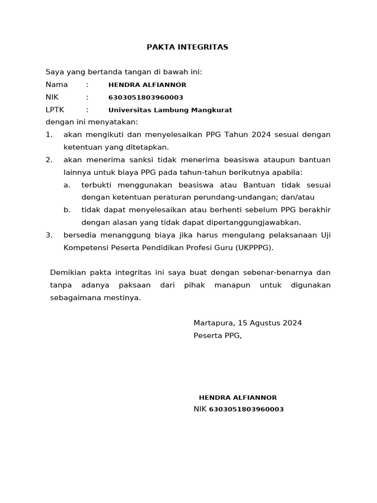 Pakta Integritas Peserta PPG 2024 Gelombang 2 | PDF