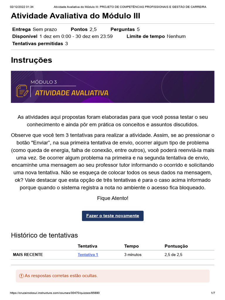 Atividade Avaliativa Do Módulo III - PROJETO DE COMPETÊNCIAS PROFISSIONAIS E GESTÃO DE CARREIRA ...