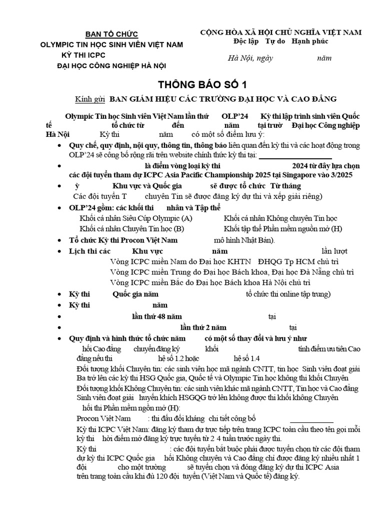 2024 (N) - Thong Bao So 1 - OLP-ICPC | PDF