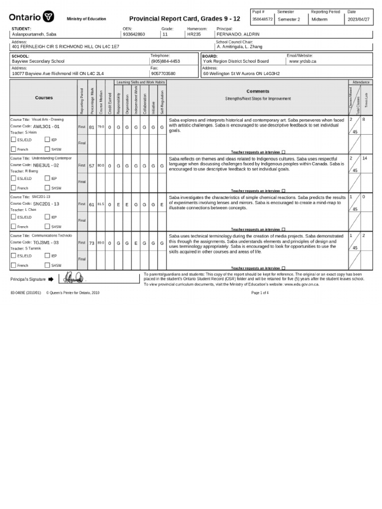 Semester 2 Midterm Report Card (Grade 11) | PDF