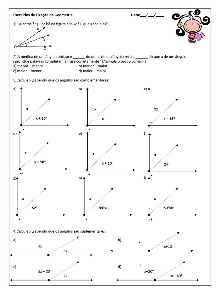 Exercícios de Fixação de Geometria Sobre Angulos Compl, Suple e Opv ...