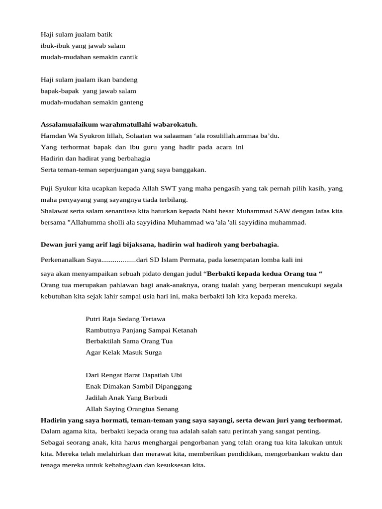 Teks Pidato Pildacil Berbakti Kepada Kedua Orang Tua | PDF