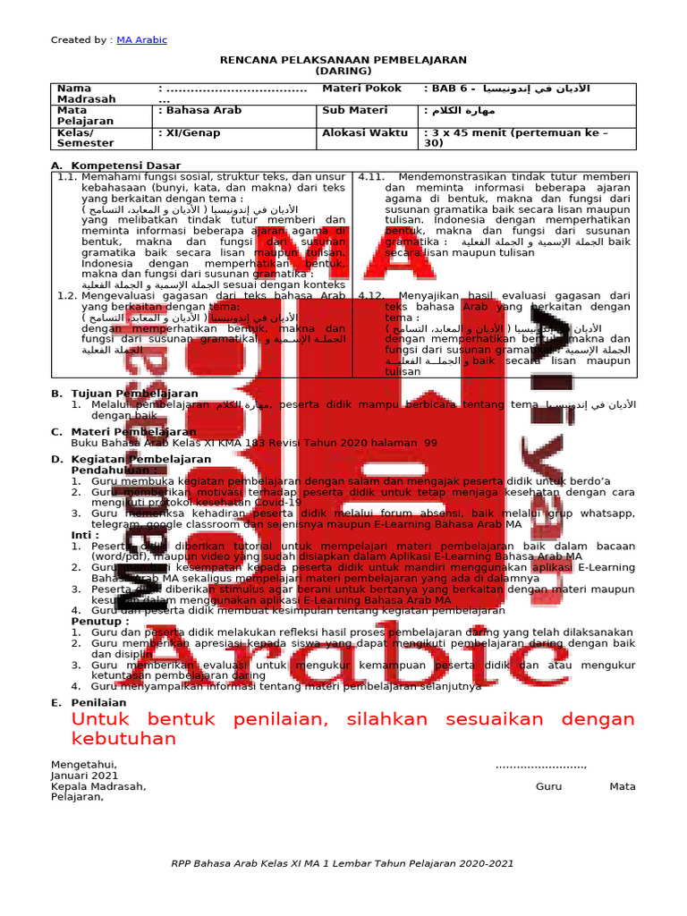 PERTEMUAN KE - 30 (مهارة الكلام) (1) rpp | PDF