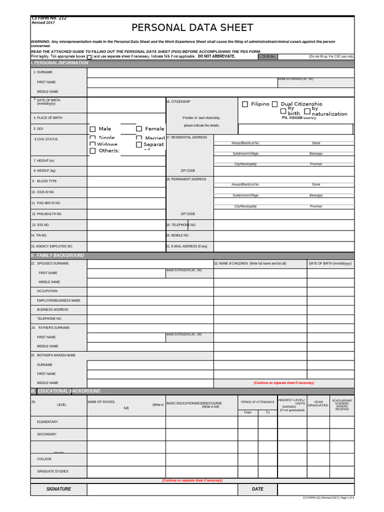 CS Form No. 212 Personal Data Sheet Revised | PDF