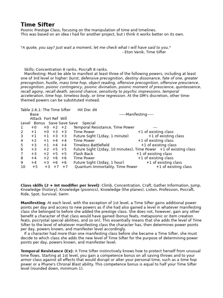 Time Sifter, A Time-Based Psionic Prestige Class - Garryl (MinMax) | PDF