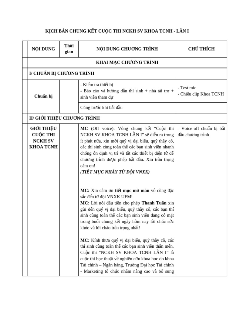final - KỊCH BẢN CHUNG KẾT CUỘC THI NCKH SV KHOA TCNH - LẦN I | PDF