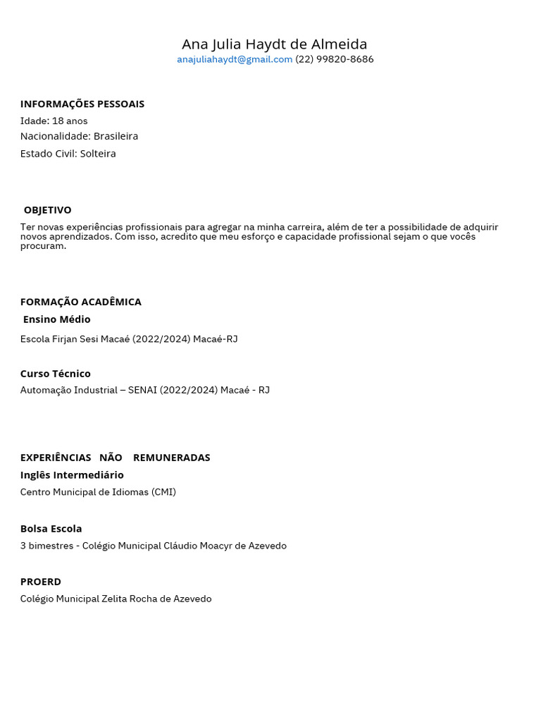 Currículo Ana Julia Haydt Atualizado | PDF