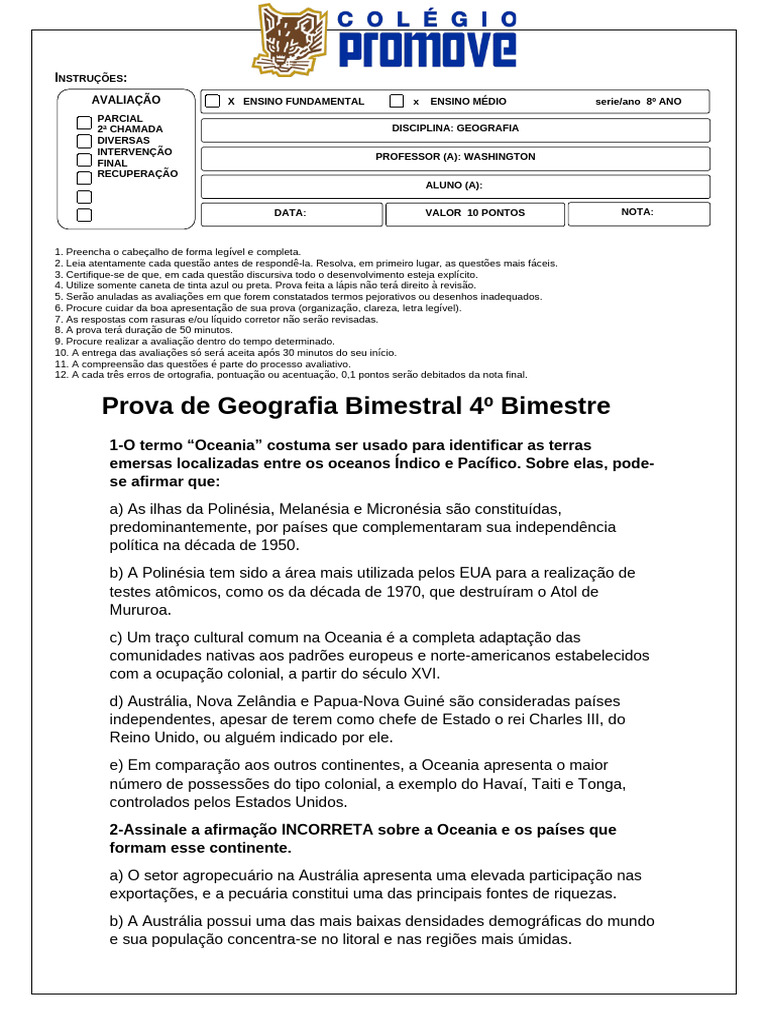 8 Ano Prova Bimestral 3º Bimestre | PDF