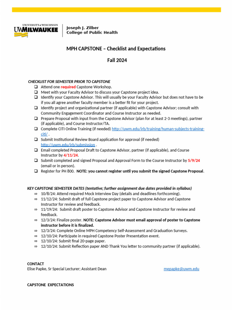 PH 800 CAPSTONE CHECKLIST Fall 2024 | PDF