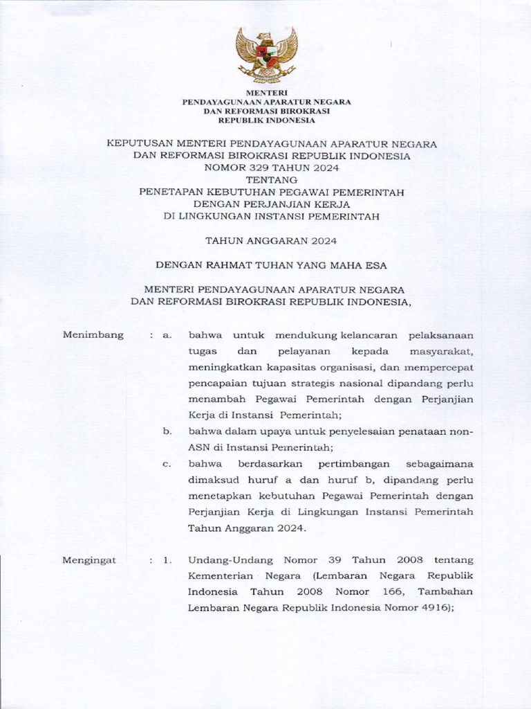 SK Menpan RB 329 Tahun 2024 TTG Penetapan Kebutuhan PPPK Kota Padang Tahun 2024 | PDF