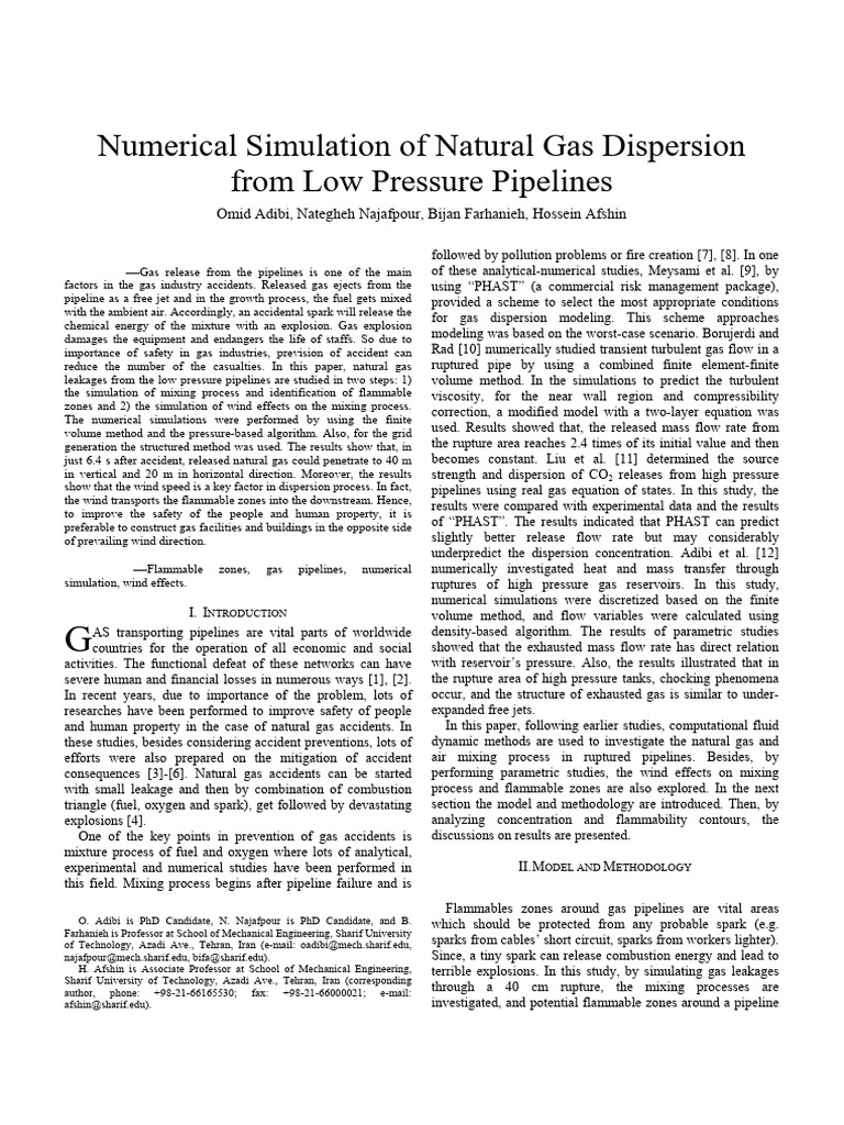 Numerical Simulation of Natural Gas Dispersion From Low Pressure ...