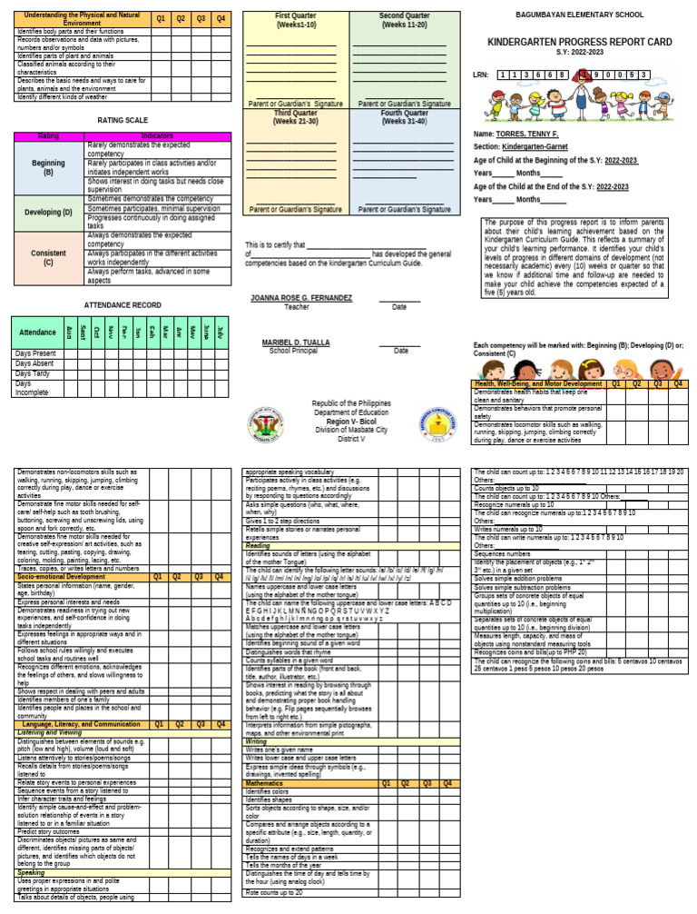 Kinder Progress Report Card | PDF