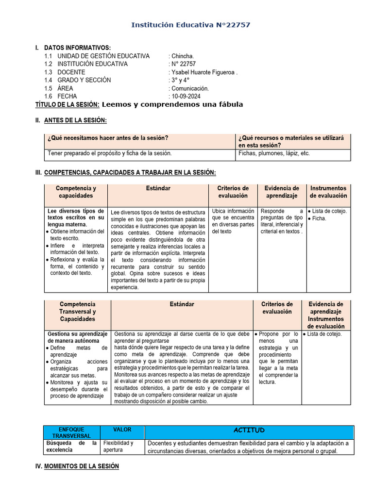 p3 - Sesion Leemos Una Fabula | PDF | Aprendizaje | Evaluación