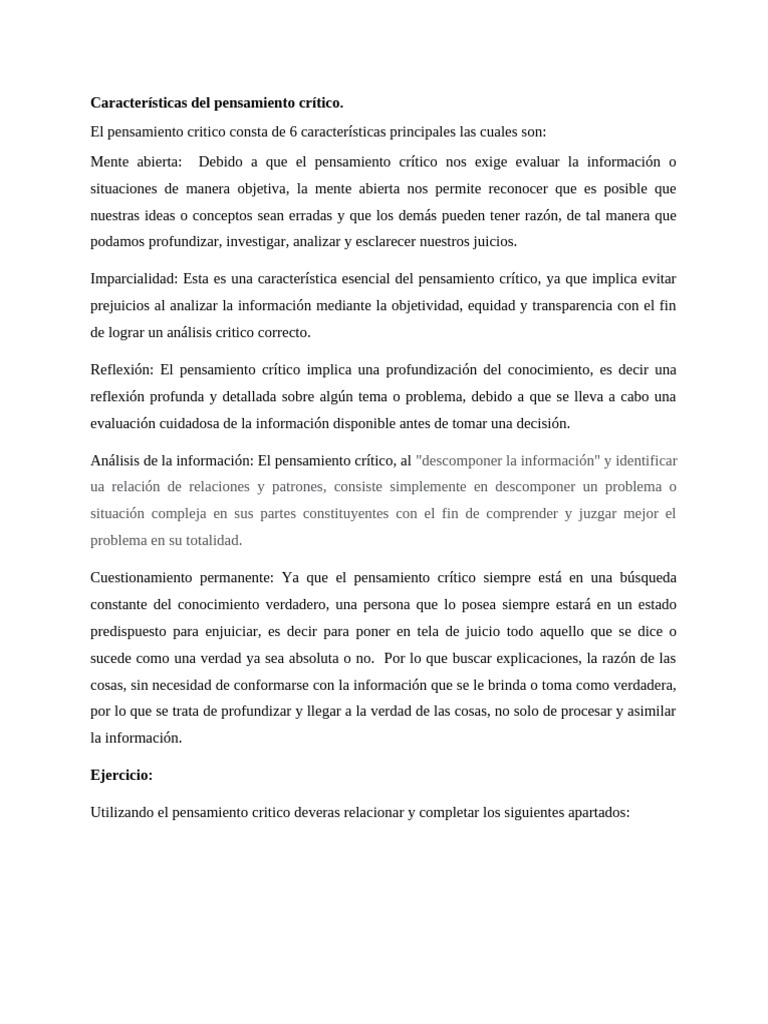 Características Del Pensamiento Crítico y Ejemplo. | PDF