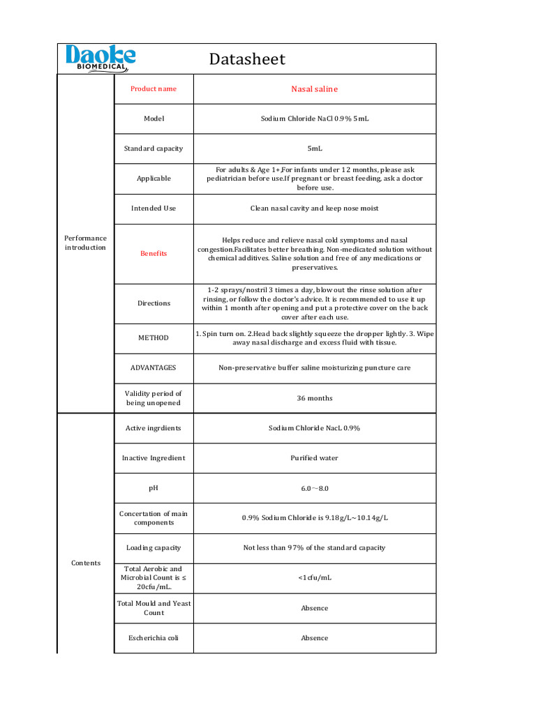 Saline Solution Data Sheet | PDF