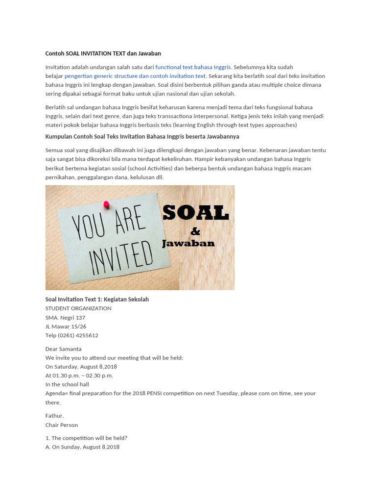 Contoh Soal Invitation Text Dan Jawaban | PDF