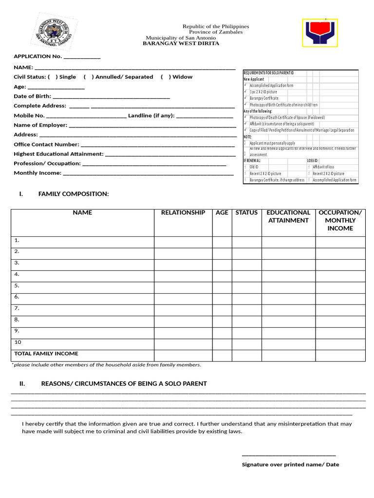 Solo Parent Form | PDF | Family | Justice