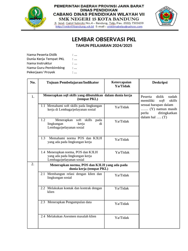 Lembar Observasi PKL 2023 | PDF