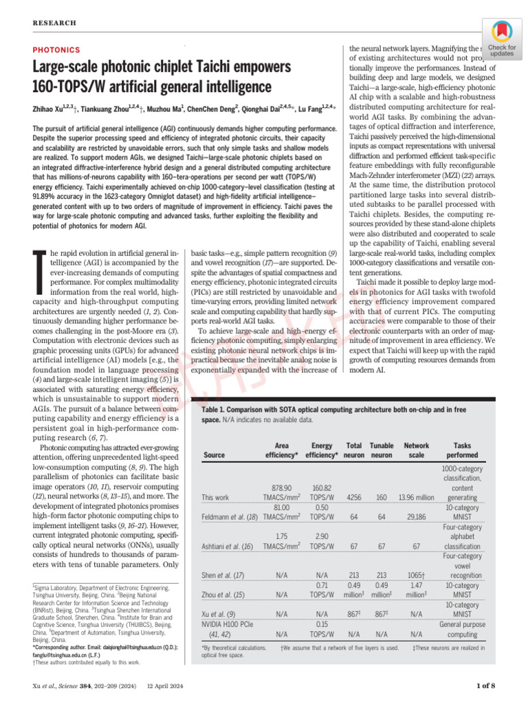 Large-Scale Photonic Chiplet Taichi Empowers160-ToPSW Artificial General Intelligence - Science ...