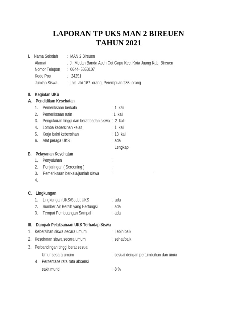 Laporan TP Uks Man 2 Bireuen | PDF