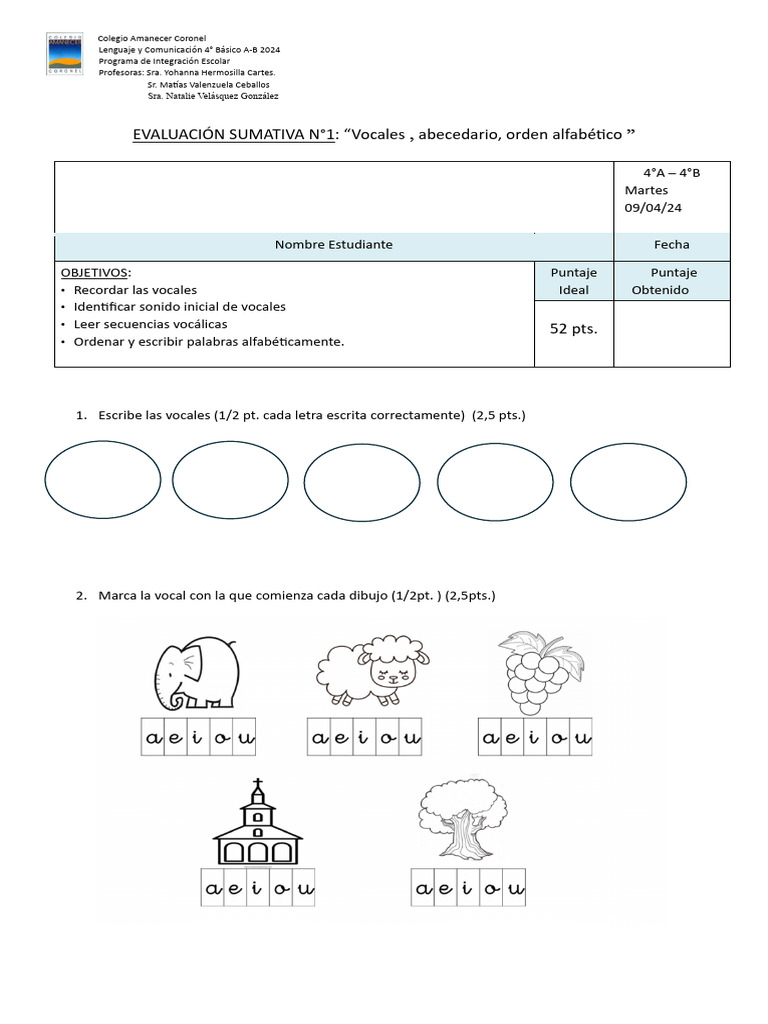Evaluación N°1, Adap, El Abecedario, Orden Alfabético y Uso Del ...