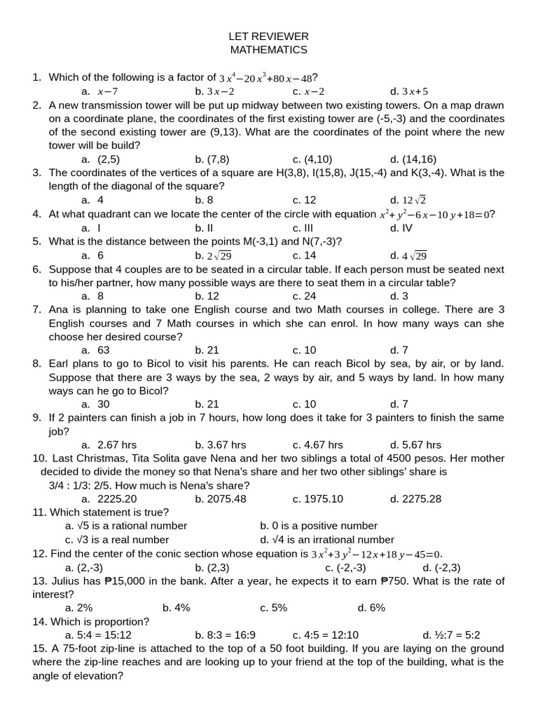 Let 24 Reviewer Math | PDF