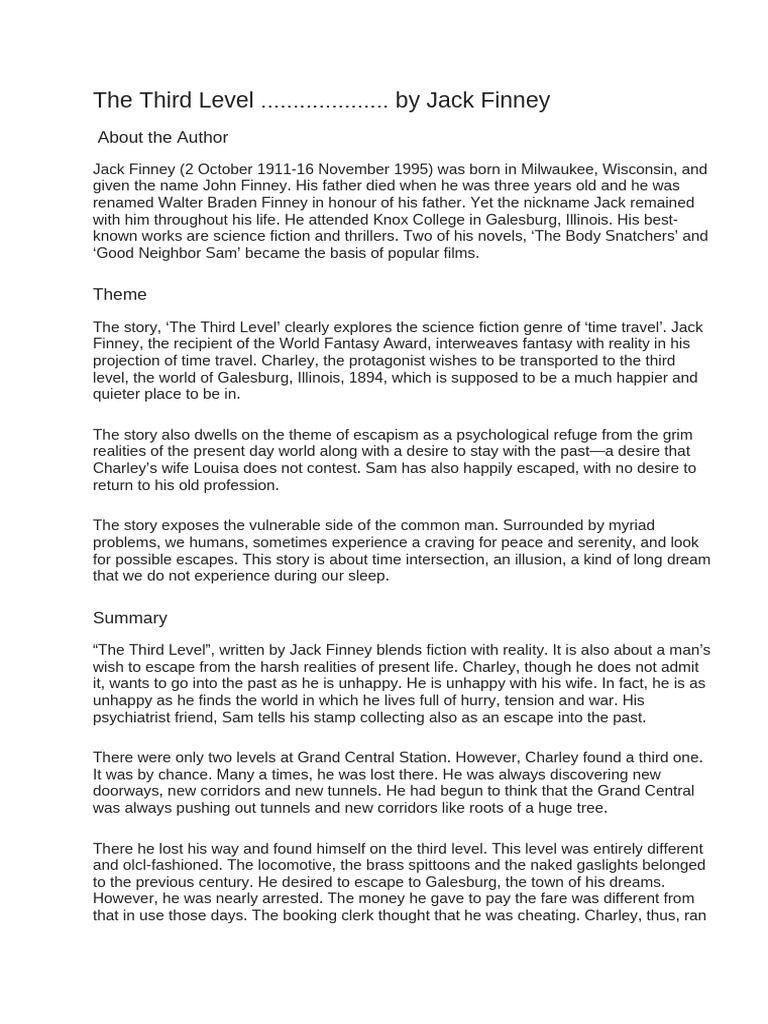 The Third Level Summary in English by Jack Finney | PDF