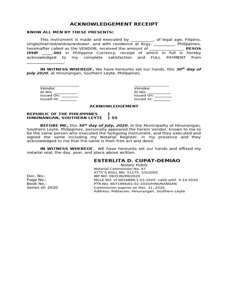 SAMPLE - ACKNOWLEDGEMENT RECEIPT | PDF