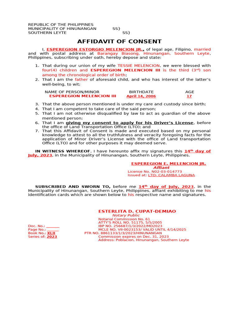 Sample - Affidavit of Consent (For Minor Driver's License) | PDF