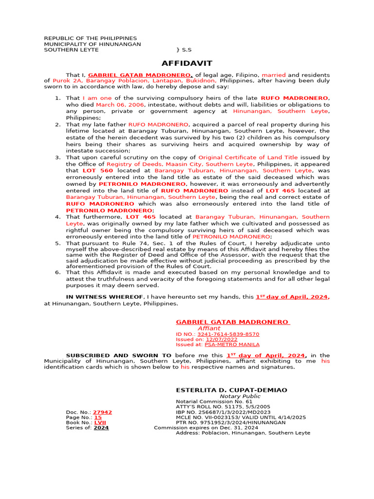 Sample - Affidavit of Correction (For Errors of Lot No., Names or ...
