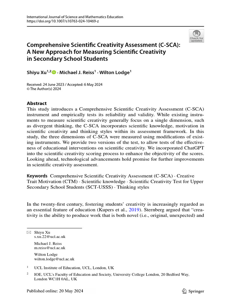 Comprehensive Scientific Creativity Assessment (C SCA) : A New Approach ...