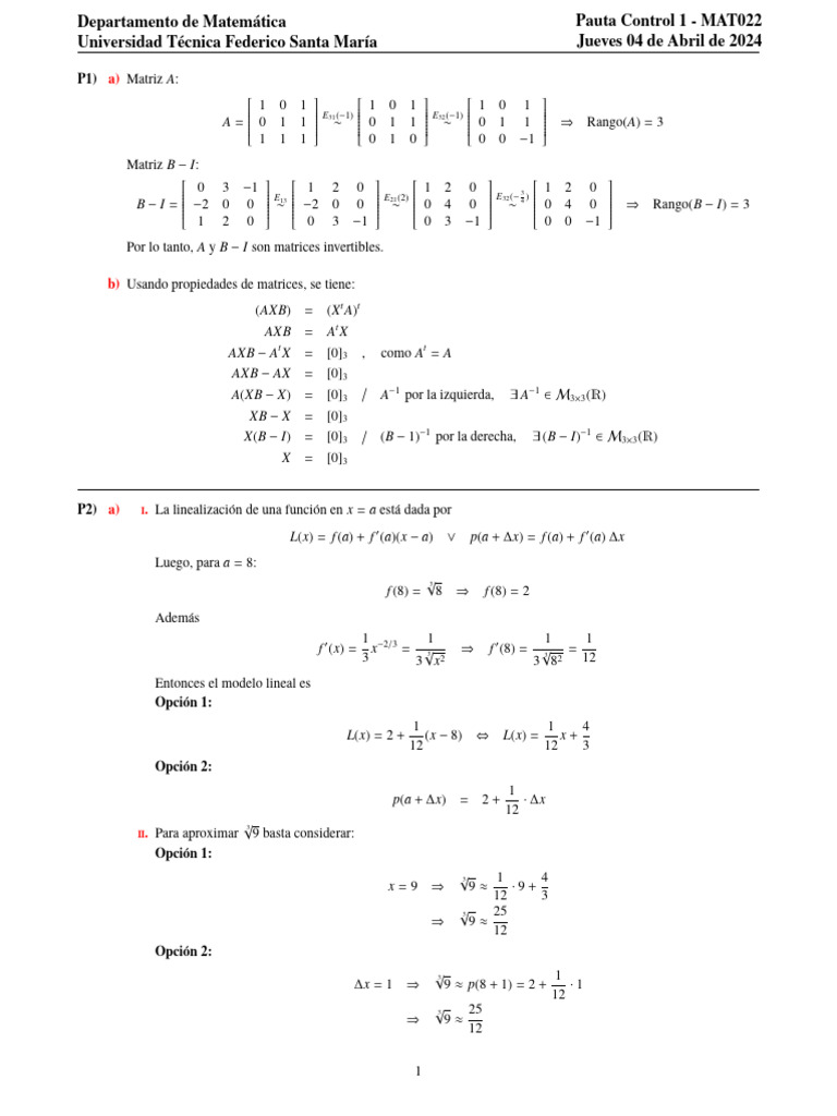 MAT 022 - 2024 1° - Control 1 Pauta | PDF