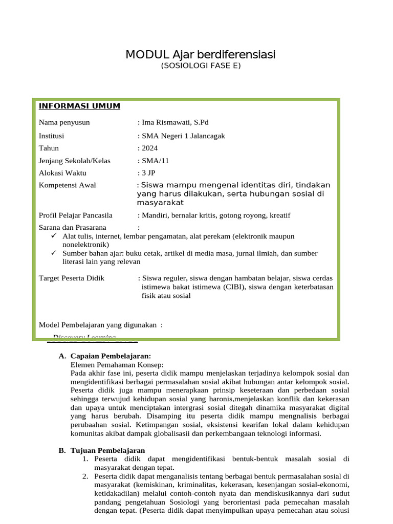 Modul Ajar Berdiferensiasi Lembaga Sosial | PDF