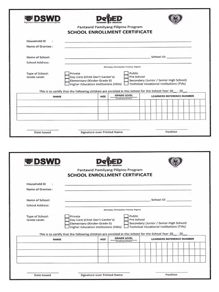 DSWD School Enrollment Cert. | PDF