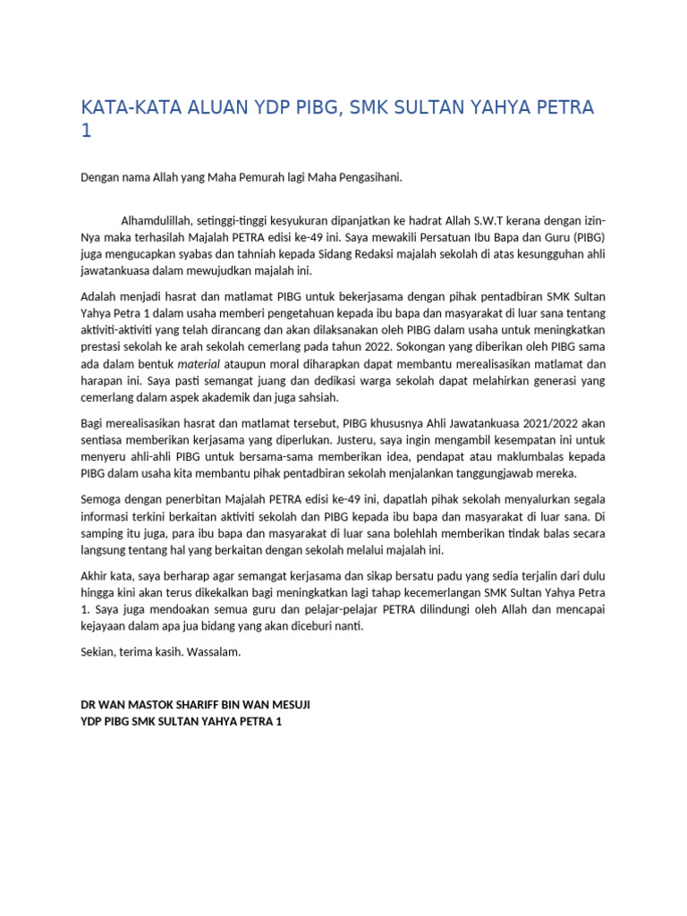 Kata-Kata Aluan Ydp Pibg | PDF