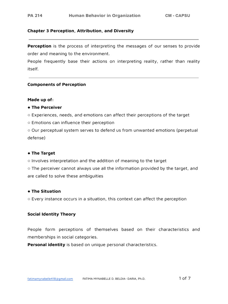 Chapter 3 Perception, Attribution, Diversity | PDF | Perception | Career & Growth