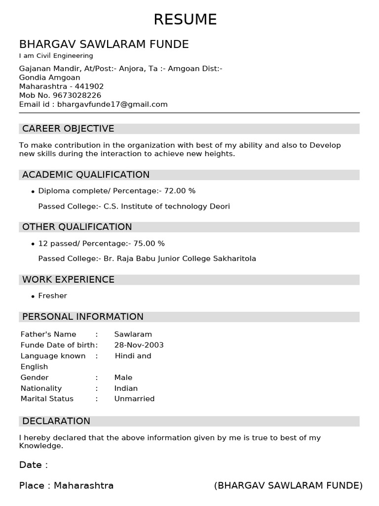 Resume: Bhargav Sawlaram Funde | PDF