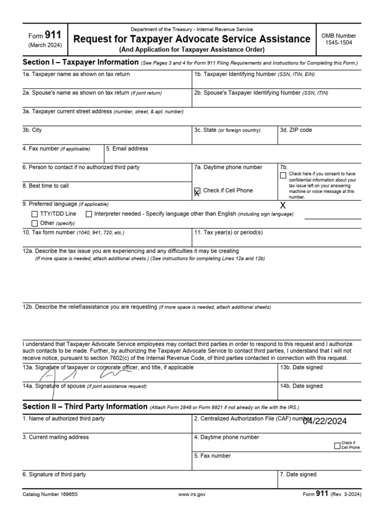 Request For Taxpayer Advocate Service Assistance: Section I - Taxpayer ...