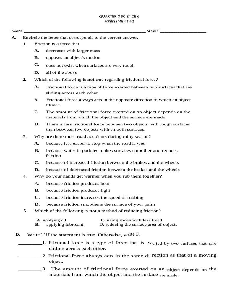 ASSESSMENT 2 SCIENCE GR6 | PDF