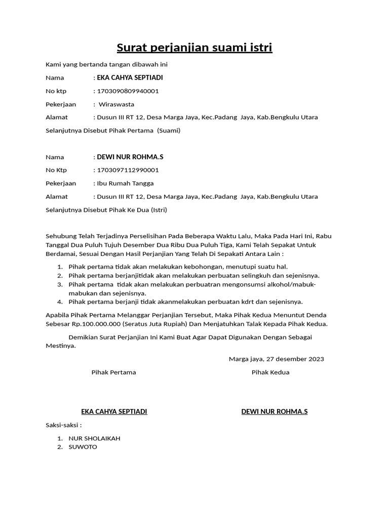 Surat Perjanjian Suami Istri | PDF