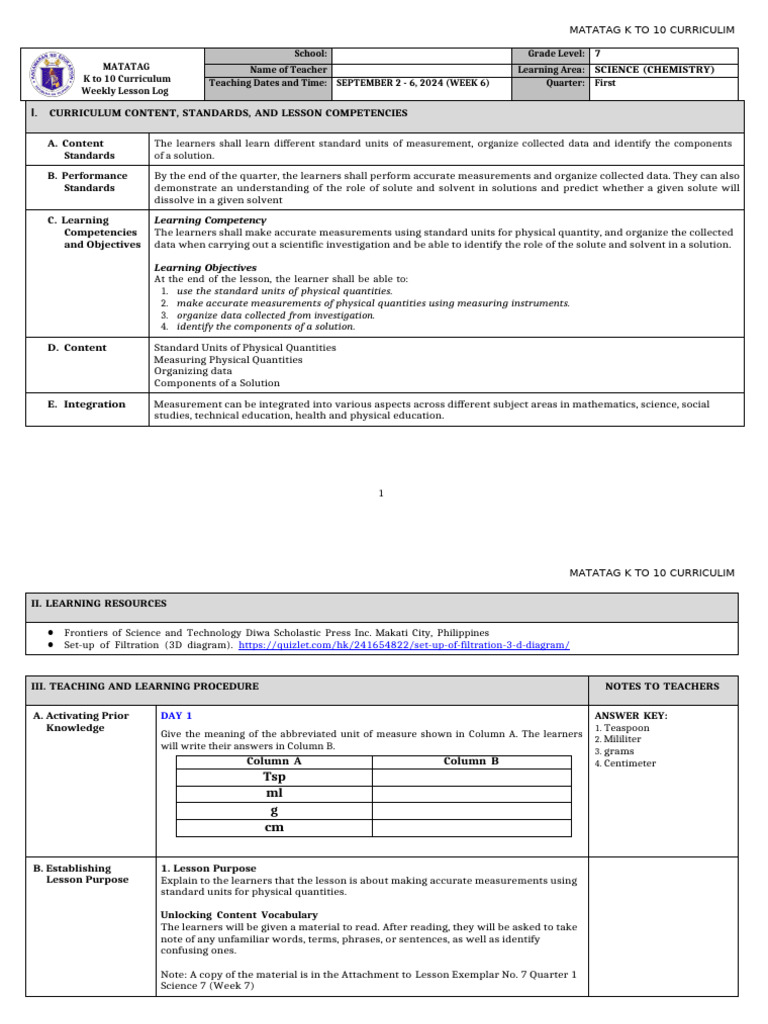 DLL Matatag - Science 7 Q1 W6 | PDF | Educational Assessment | Science & Mathematics